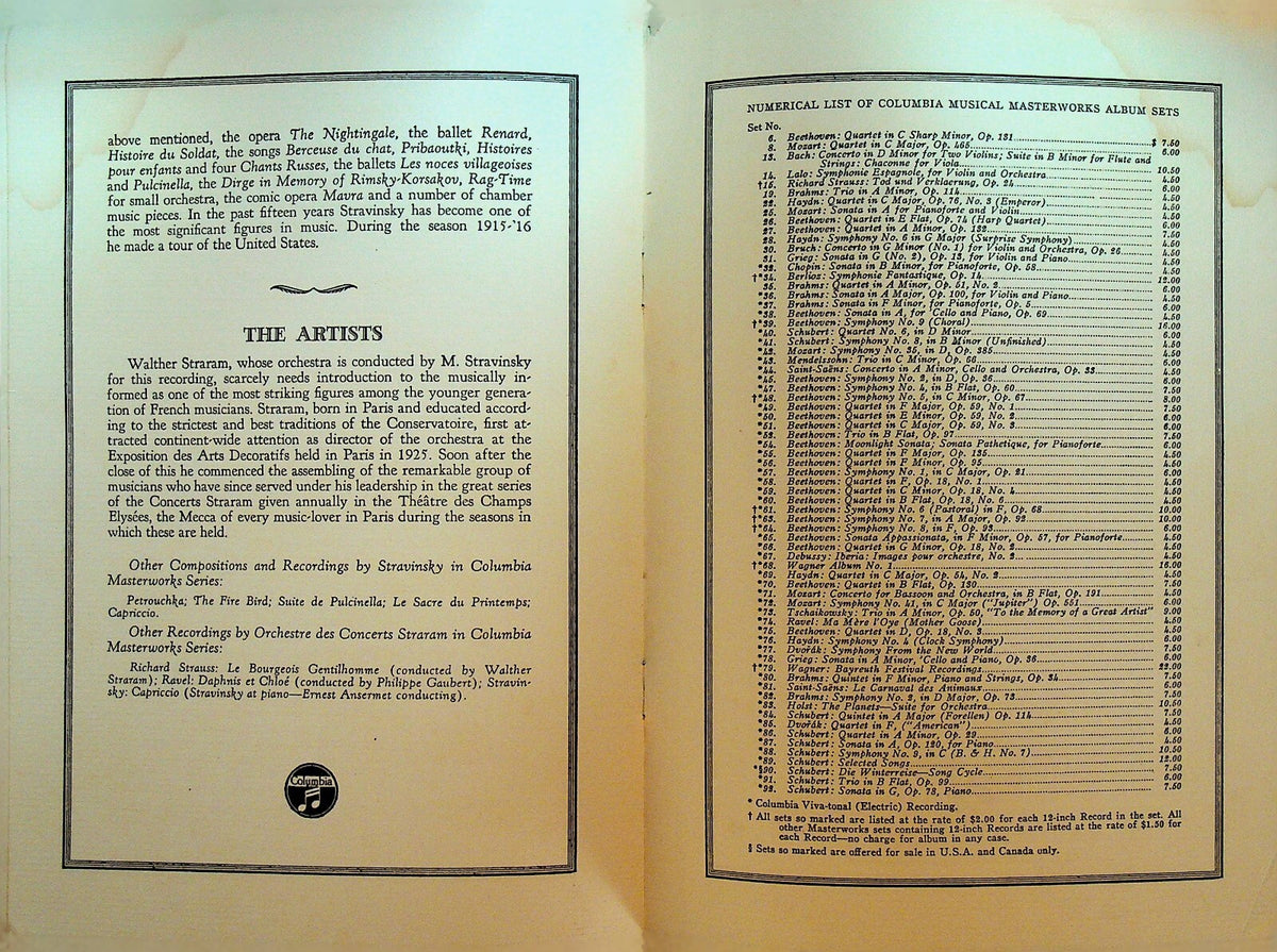 Igor Stravinsky Columbia Records Masterworks Booklet 1931 Symphonie de ...