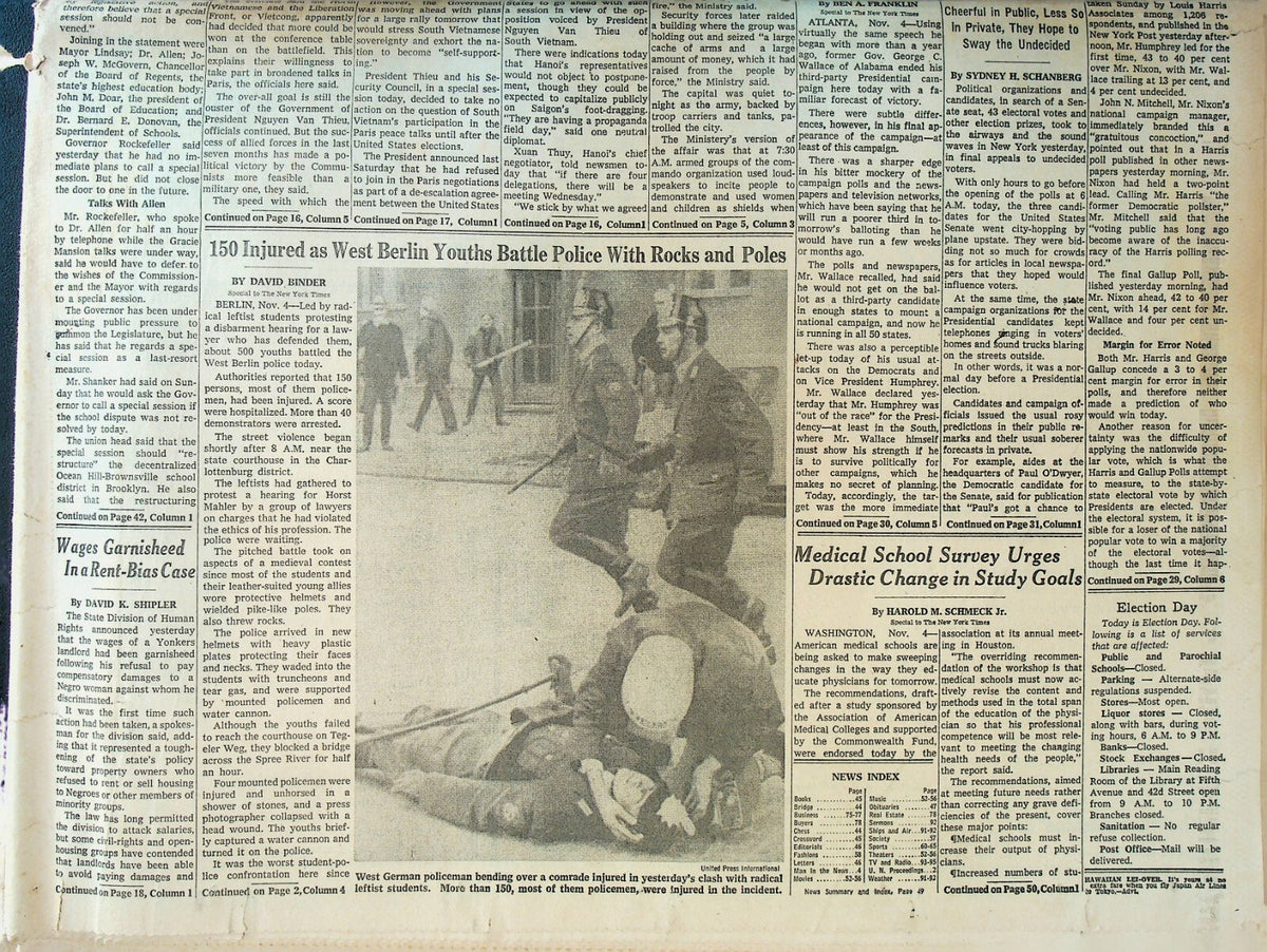 New York Times November 5 1968 Election Richard Nixon West Berlin Riot ...