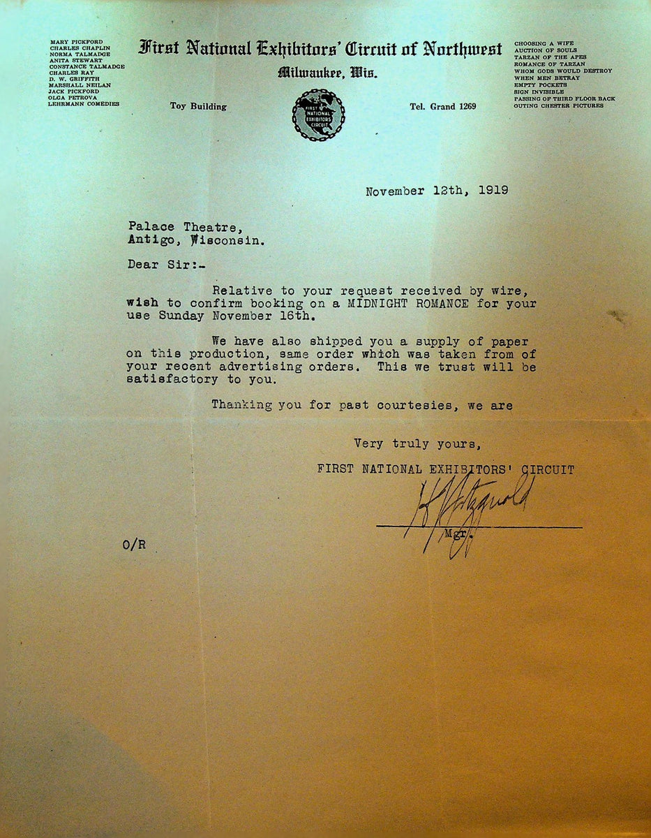 First National Exhibitors Letterhead November 12 1919 Midnight Romance ...