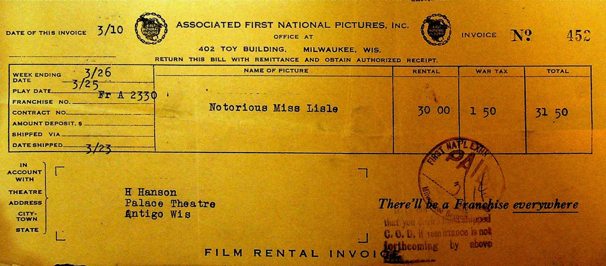 Associated First National Pictures Invoice 1920s Notorious Miss Lisle ...