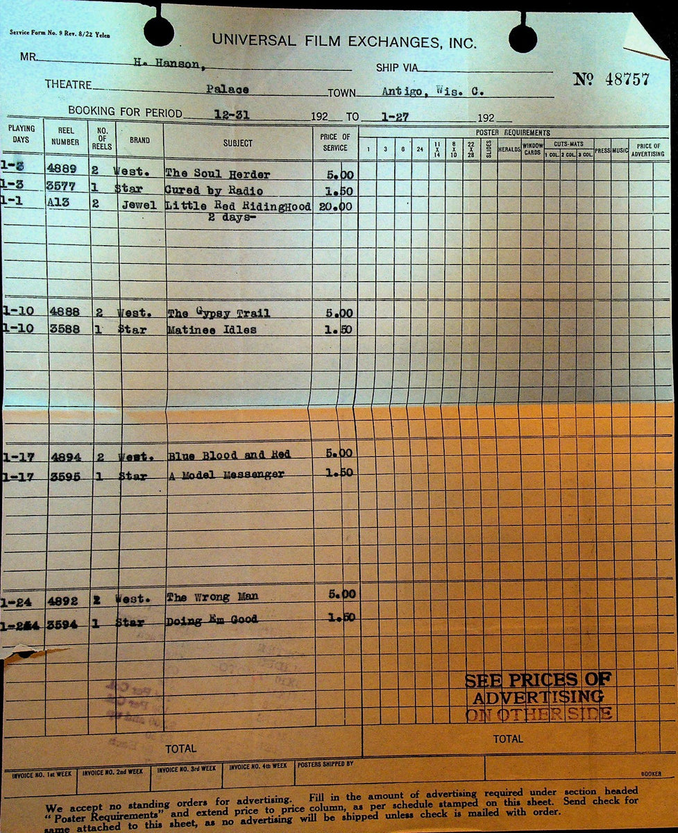 Universal Film Exchanges Ad Order Form 1920s Gypsy Trail Model Messeng ...