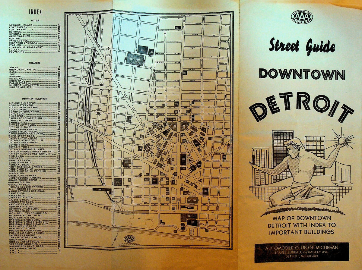 Street Guide Downtown Detroit Map & Index Triple A 1950s – Papergoy