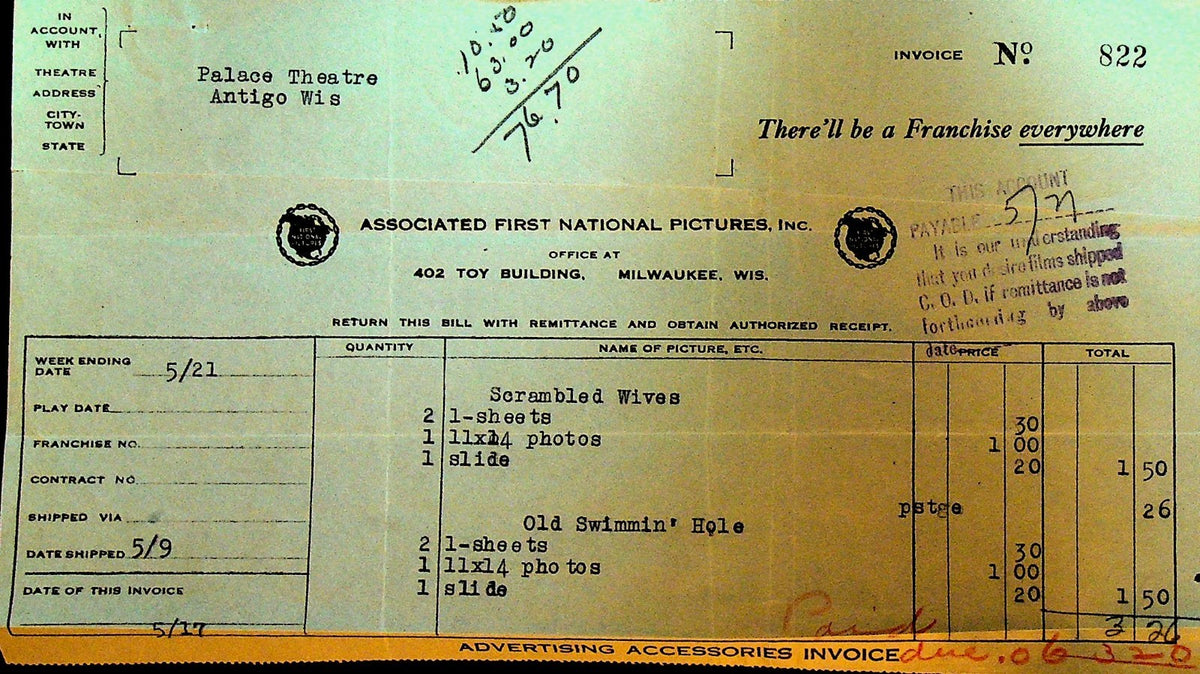 First National Pictures Invoice 1920s Scrambled Wives Old Swimmin Hole ...
