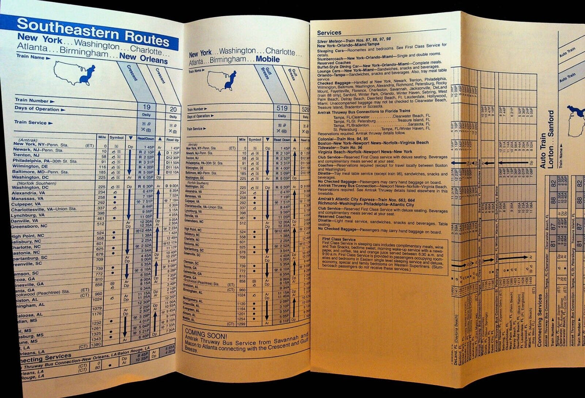 Amtrak Southeastern Routes Services Train Timetable Spring Summer 1990 ...