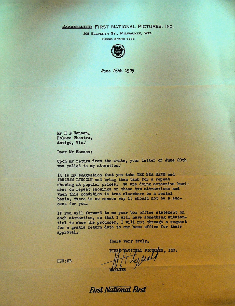 First National Pictures Letterhead June 26 1925 Abraham Lincoln The Se ...