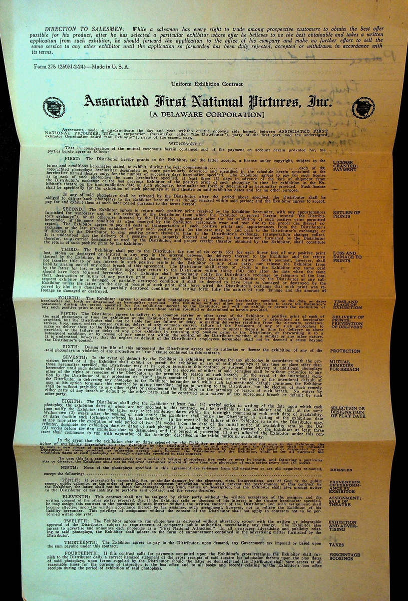 Associated First National Pictures Contract 1920s Necessary Evil One W ...