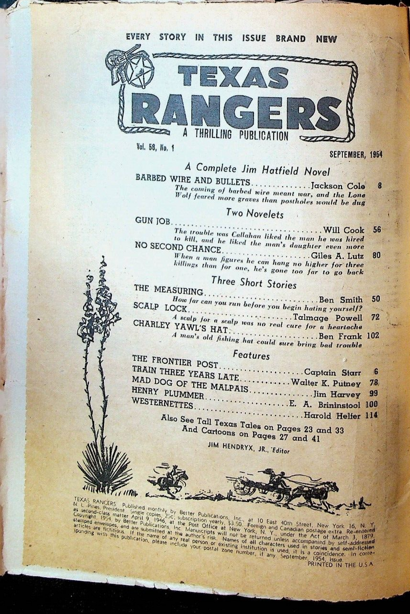 Texas Rangers Pulp September 1954 Jackson Cole Jim Hatfield Talmage Po ...