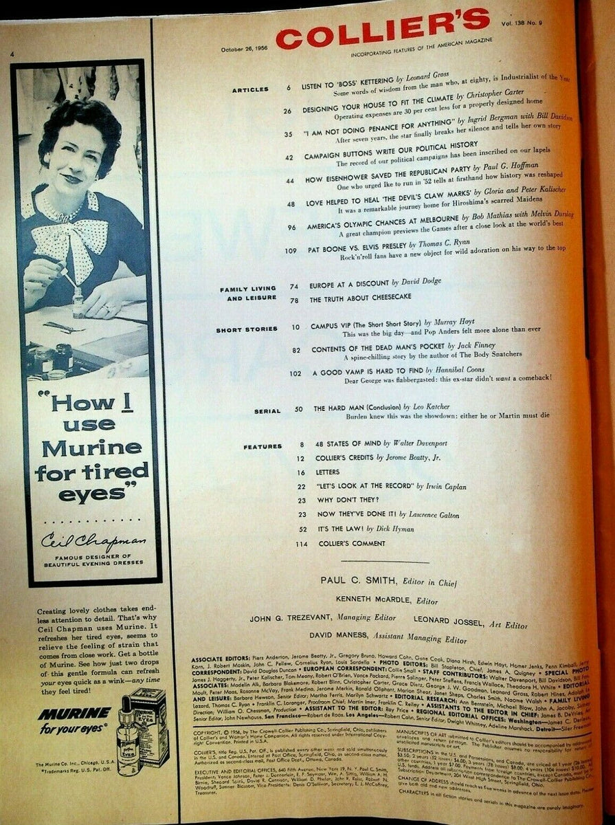 Collier's Magazine October 26 1956 Ingrid Bergman Elvis Presley Pat Bo ...