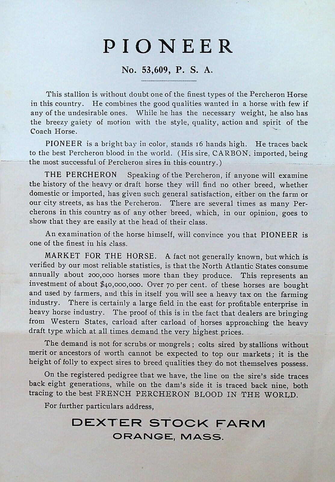 Pioneer the Great Percheron Stallion Ad Sheet Orange Mass Dexter & Cha ...