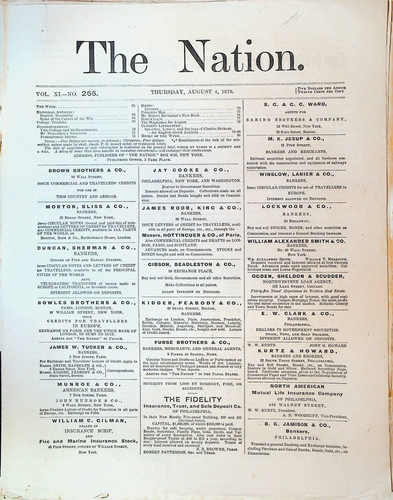 The Nation Magazine August 4 1870 Franco Prussian War Yale College ...