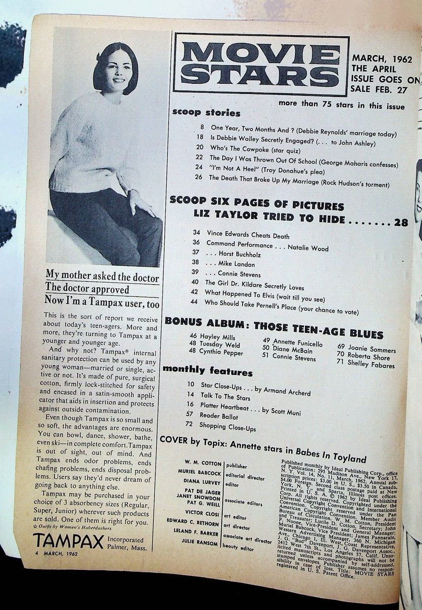 Movie Stars Magazine March 1962 Hayley Mills Tuesday Weld Annette Funi ...