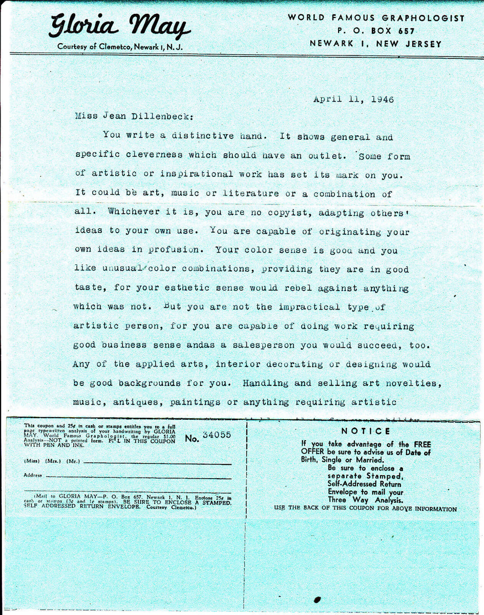 Gloria May World Famous Graphologist Newark NJ 2 Letters – Papergoy