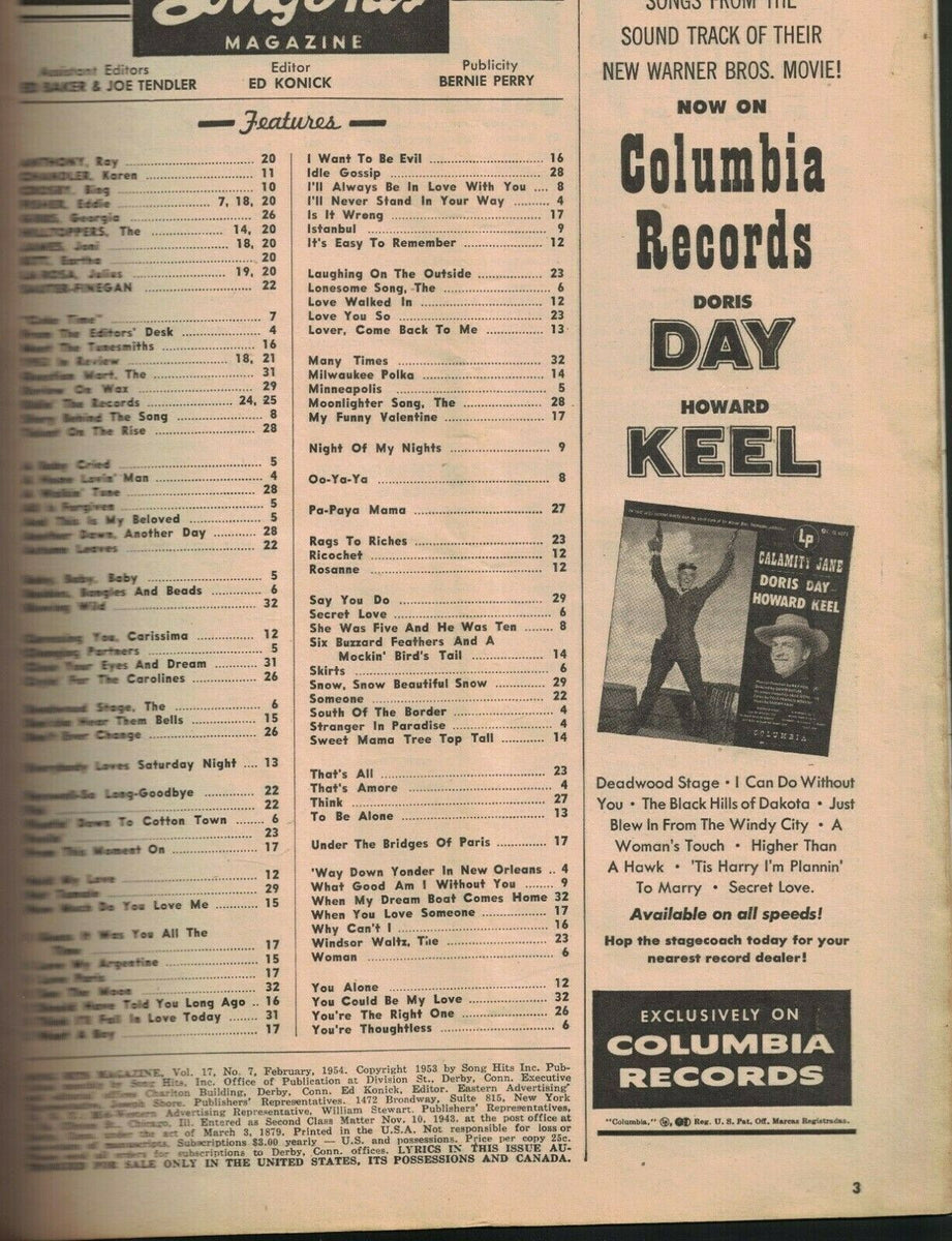 Song Hits Magazine February 1954 Eddie Fisher Eartha Kitt Bing Crosby ...